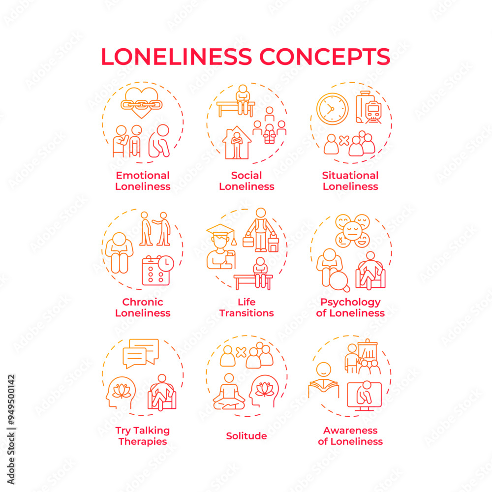 Loneliness red gradient concept icons. Psychology science, mental ...