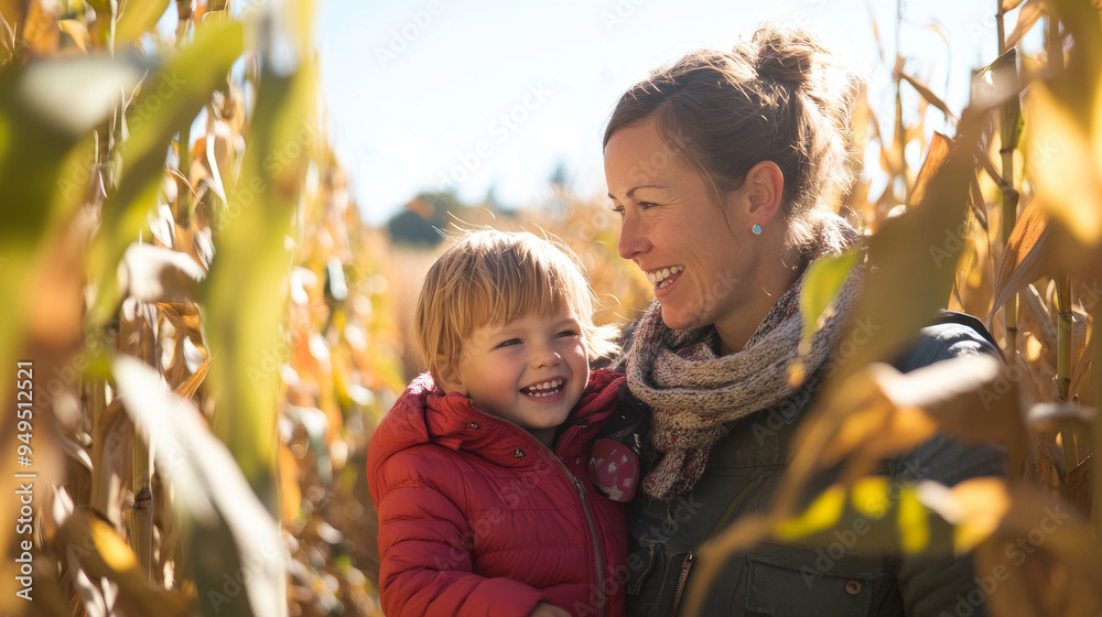 Mother and her child navigating through a tall corn maze, laughing as ...
