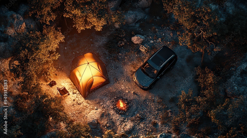 aerial view of a cozy campsite in a forest, with a glowing tent and a ...