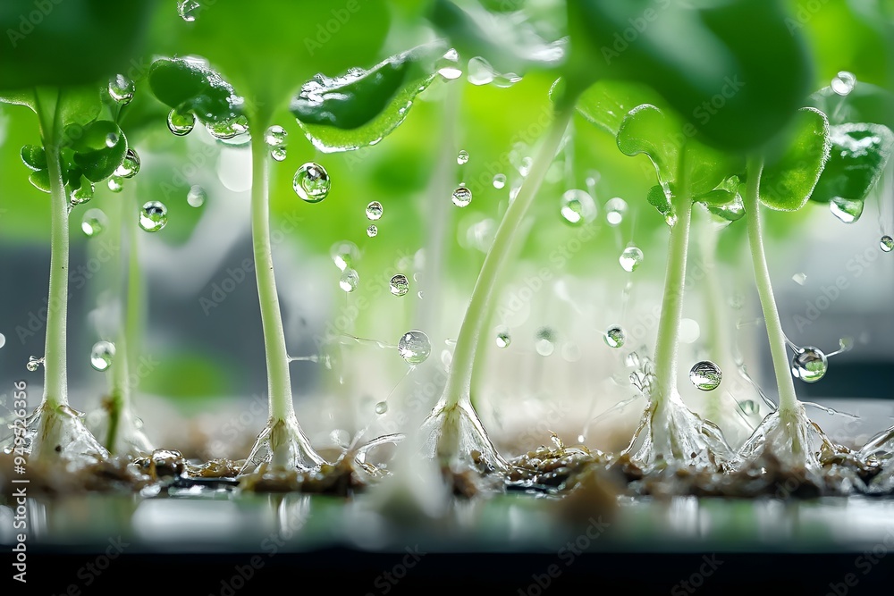 Water droplets on aeroponic roots, illustrating advanced farming ...
