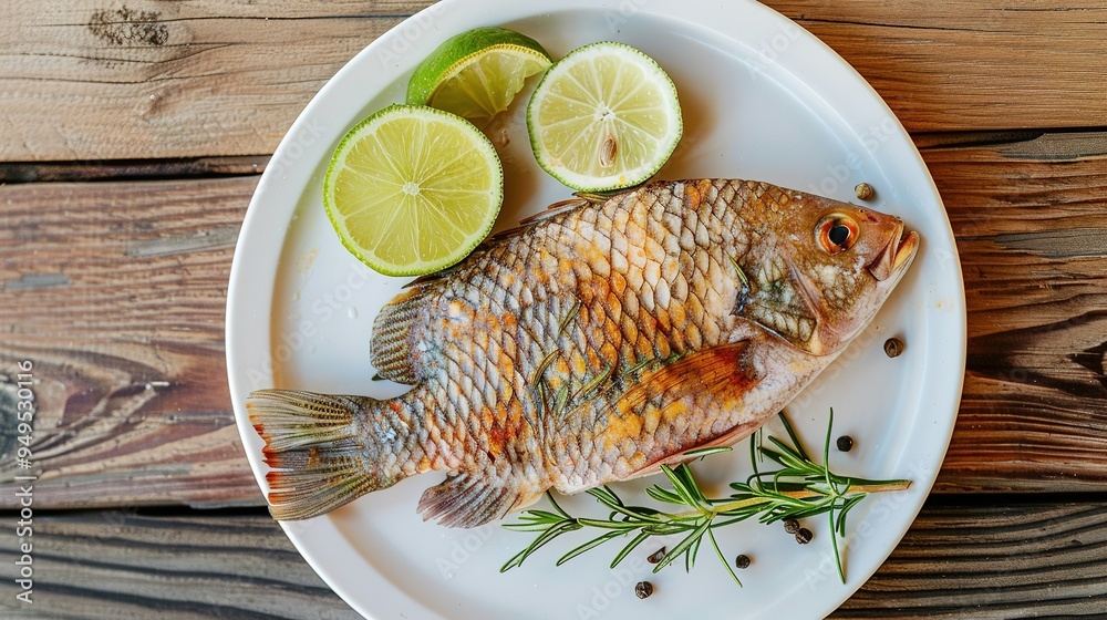 Tilapia with white plate with rosemary lemon lime on wooden background ...