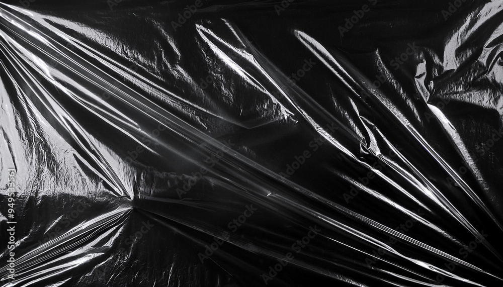 Transparent plastic wrap on black background. Crumpled wrinkled plastic ...