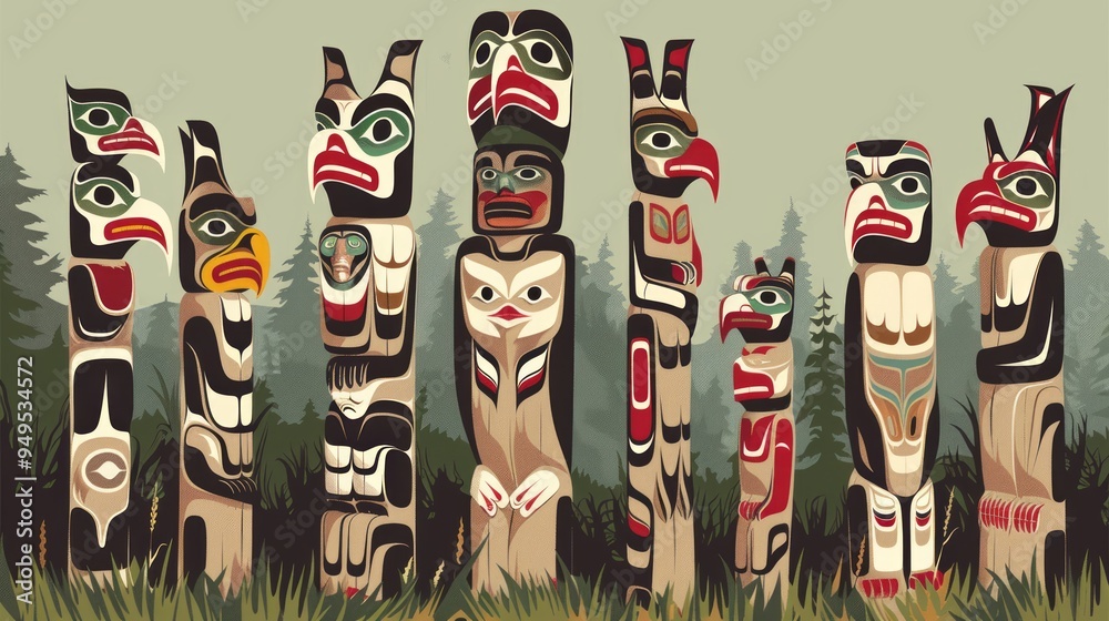 Colorful totem poles stand tall in a forest setting, showcasing ...