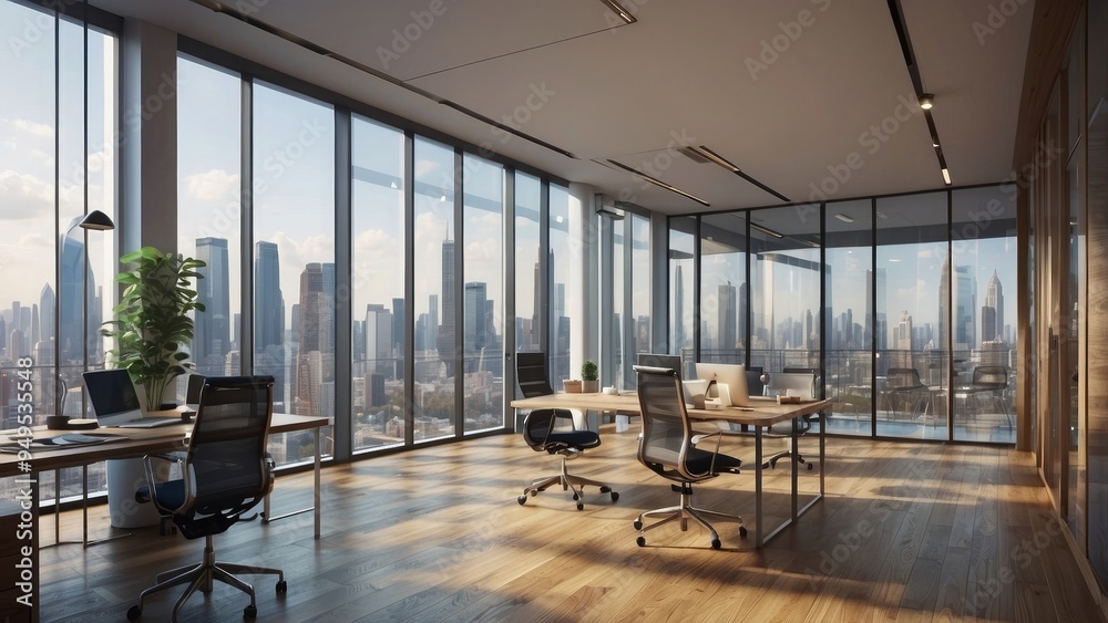 The inside of a modern workplace features glass partitions, a hardwood ...