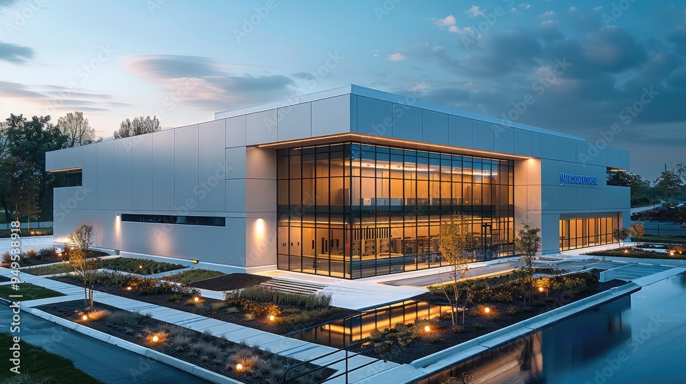 High-tech, modern data center exterior, clean precast concrete ...