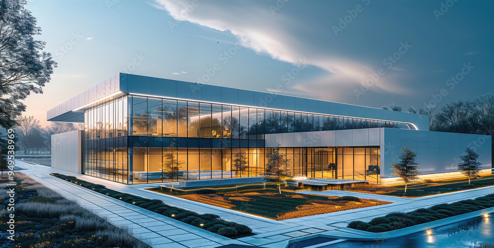 High-tech, modern data center exterior, clean precast concrete ...