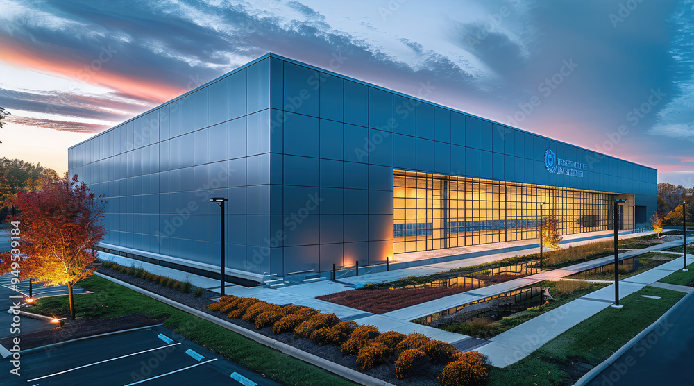 High-tech, modern data center exterior, clean precast concrete ...