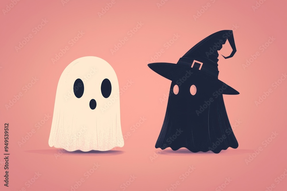 A 2D flat illustration featuring a ghost and a witch, designed in a ...