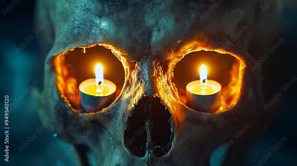 Spine-chilling scene of a skull with candles in its eye sockets, Stock ...