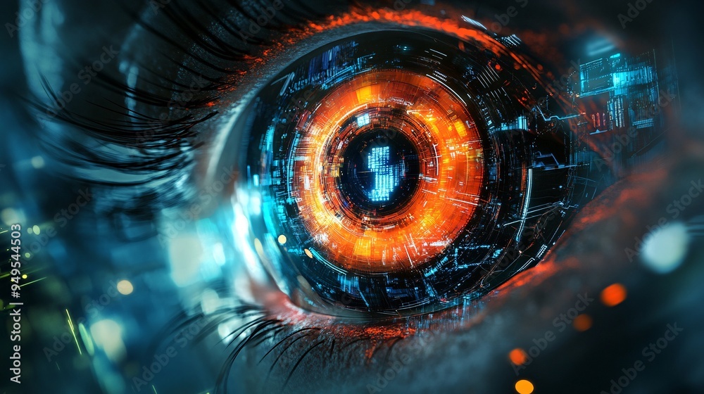 An abstract illustration of a bionic eye with digital overlays and ...