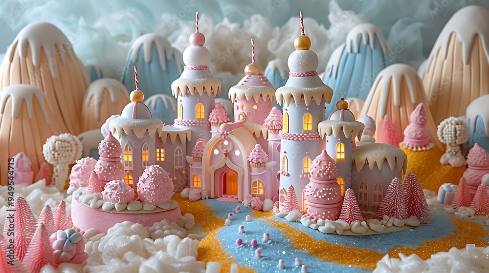 A charming papercraft gingerbread castle in pastel colors, with ...