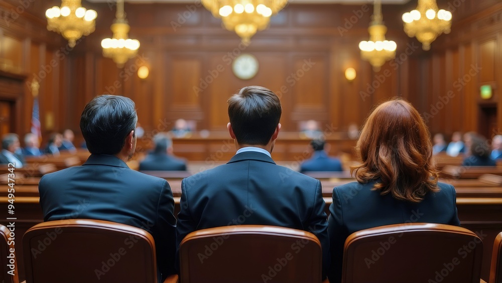 Rare view of Serious Courtroom Scene with Focused Individuals in Formal ...