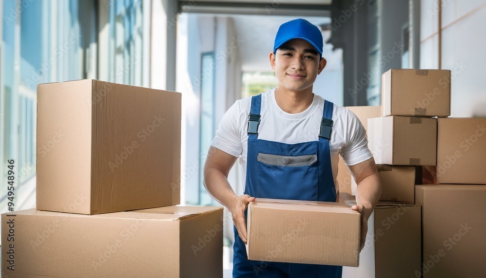 Firefly Delivery man loading cardboard boxes for moving to an apartment ...