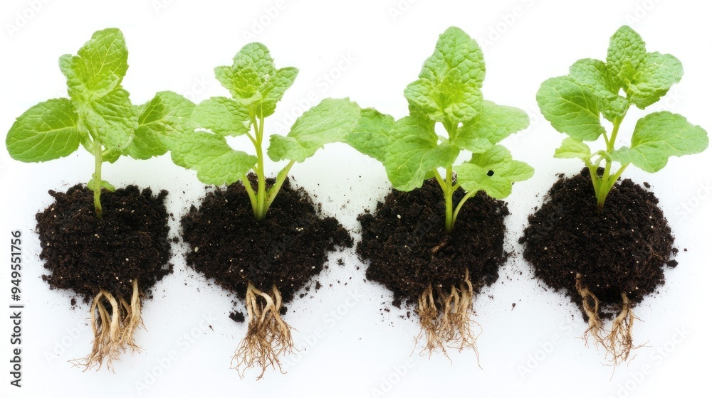 Four mint plants with visible roots and soil against a white background ...