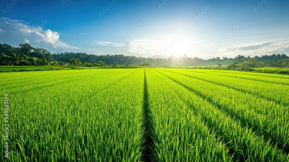 A lush rice paddy field with perfectly straight, green rows extending ...