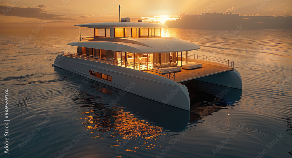 A small luxury boat, designed as a catamaran with two pontoons. The ...