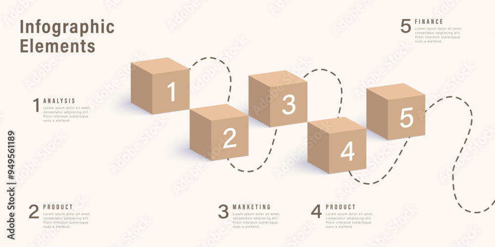 Business process chart infographics with 5 step cubes. Cubic corporate ...