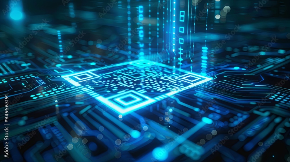 Futuristic blue QR code scanning with a glowing neon effect, vector illustration. Modern design ...