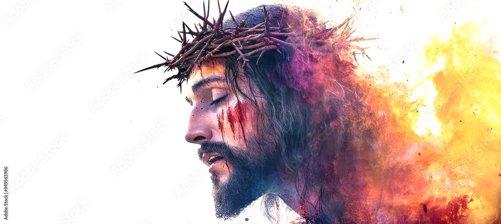 A captivating portrayal of Jesus with a crown of thorns, flames ...