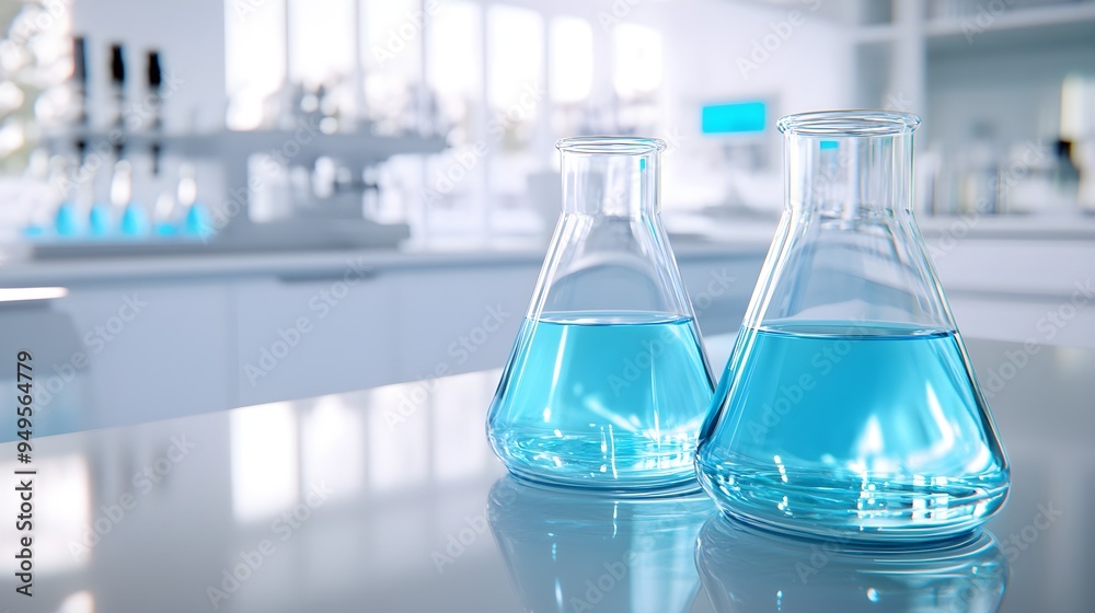 A closeup of glass beakers filled with clear blue liquid, set on an ...