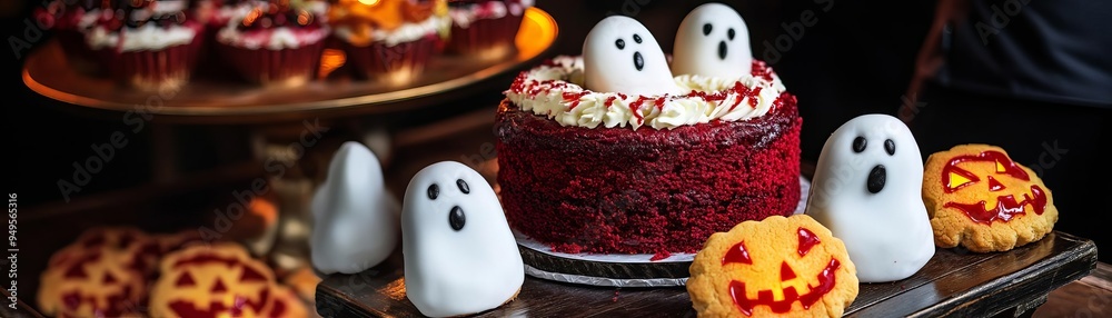 Haunted dessert bar with bloodred velvet cakes and ghostshaped cookies ...