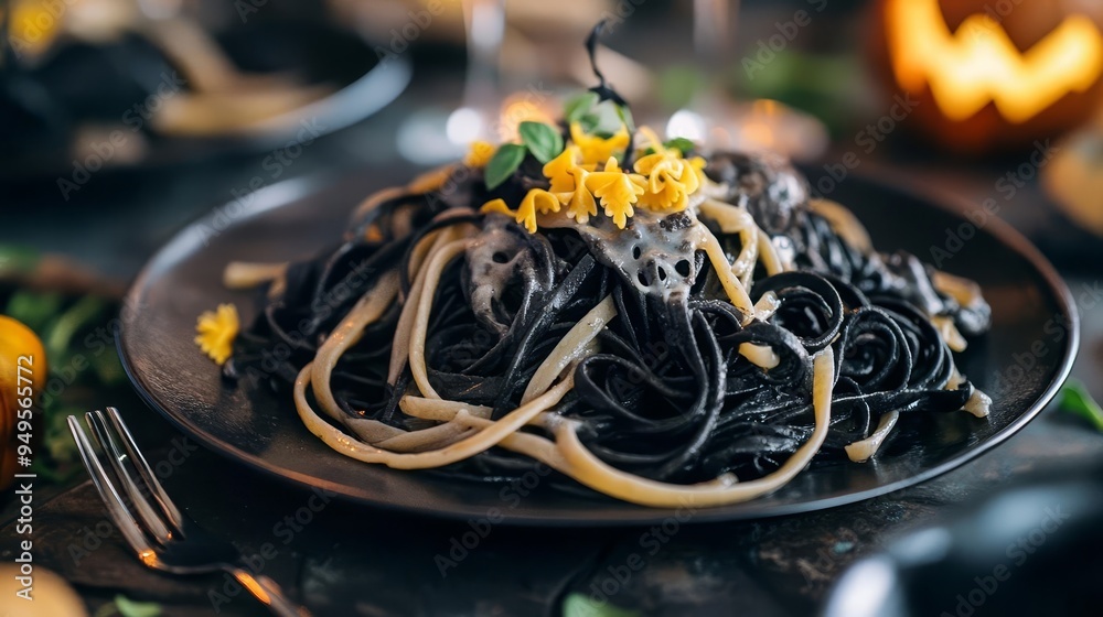 Gothicstyle pasta with black noodles and eerie garnishes, no people ...