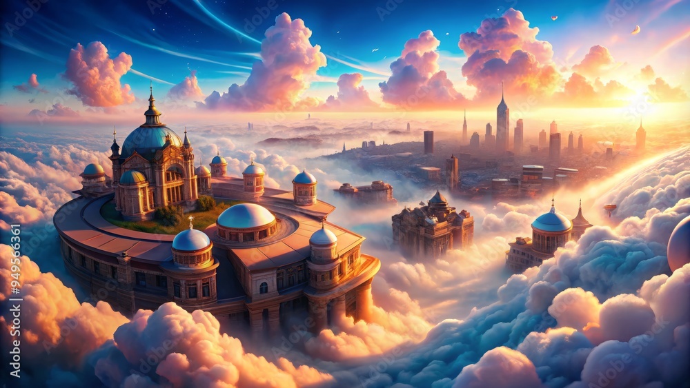 Bright, cotton-candy clouds hover above a fantasy cityscape with curved ...