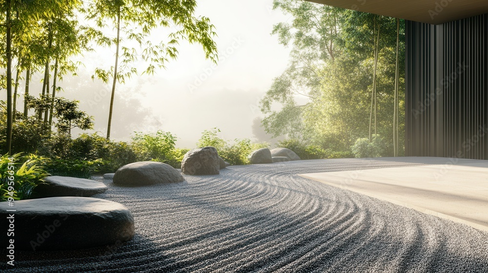 Minimalistic zen garden at dawn with perfectly raked gravel patterns ...