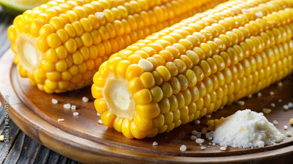 A richly detailed image of boiled corn on the cob is showcased ...