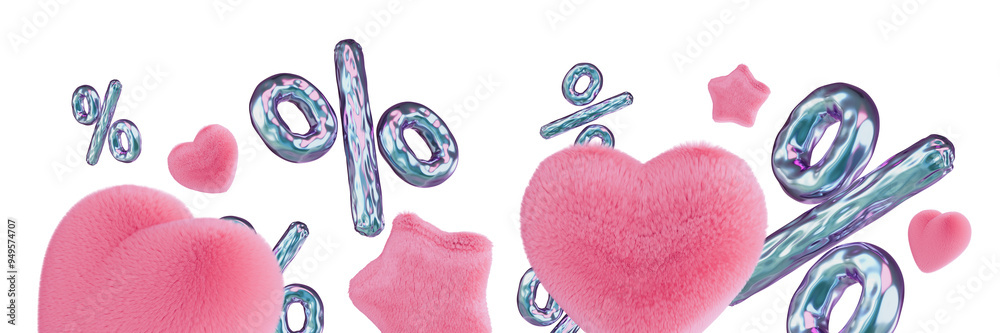 Cute footer with holographic percentage symbols, fluffy pink hearts and ...