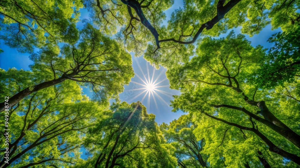 Looking up at a Brandeis Blue sky through a canopy of trees, dappled ...