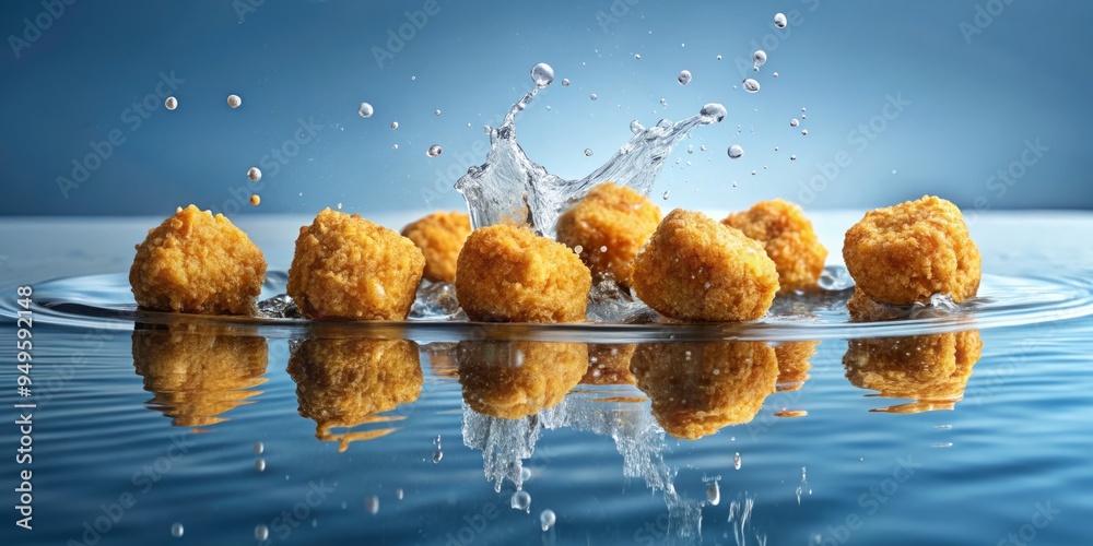 a photo image of a row of crispy chicken nuggets suddenly dropped into ...