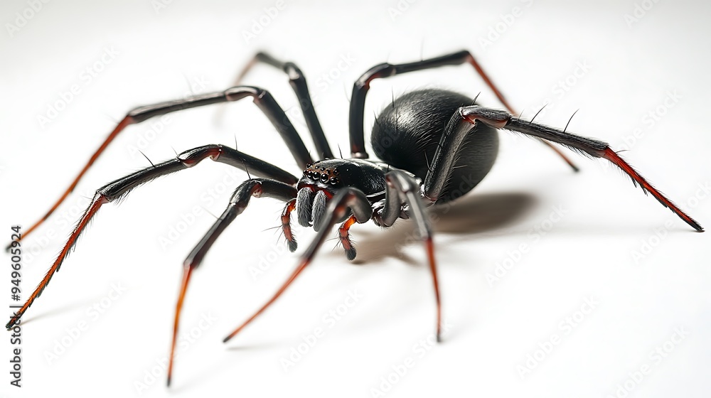 A chilling close-up of a black widow spider, its venomous red hourglass ...