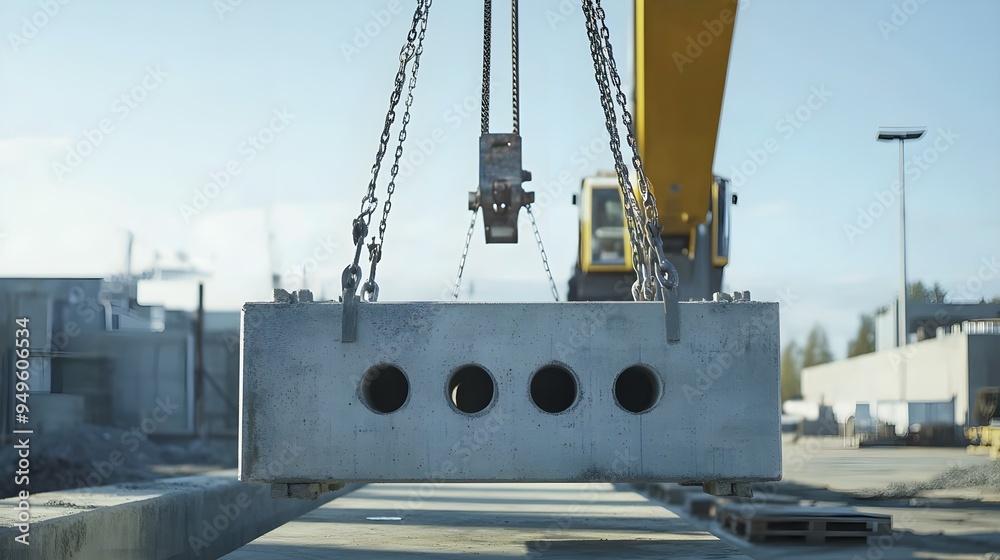 The crane moves a reinforced concrete product with holes, showing ...