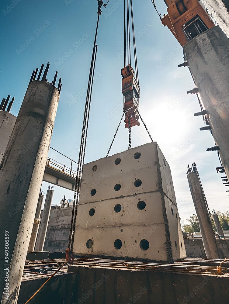 The crane moves a reinforced concrete product with holes, showing ...