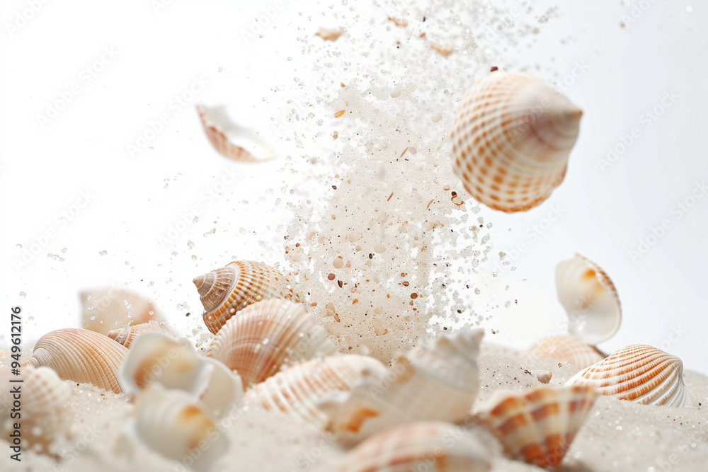 Seashell sand fall splashing in air. sea shell explosion flying, sand ...