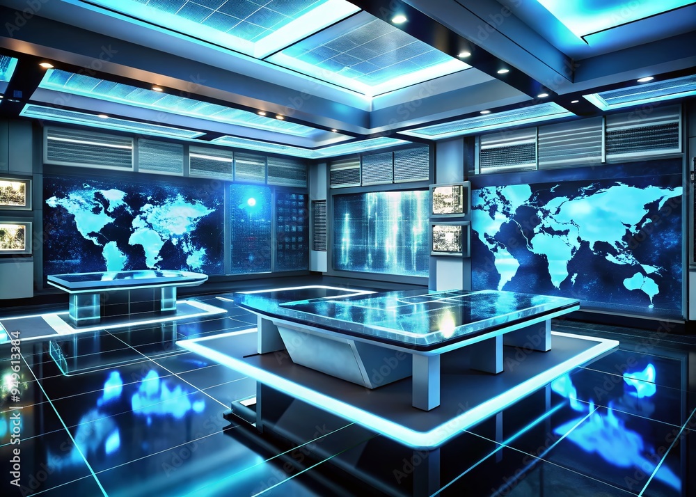 Glowing map room with futuristic holographic displays, sleek glass ...