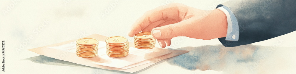 Hand holding coins with loan documents in background. Watercolor style ...
