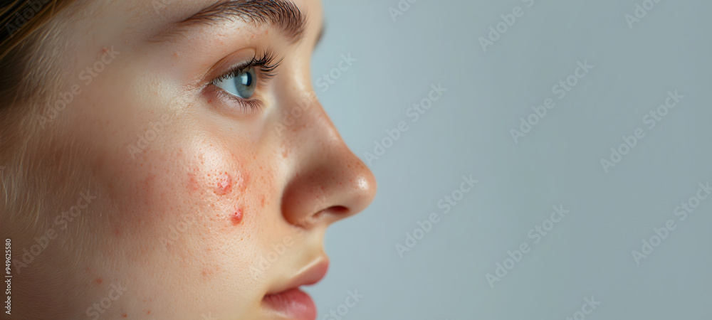 Woman with pimples on the face. Close up skin texture. Macro acne skin ...