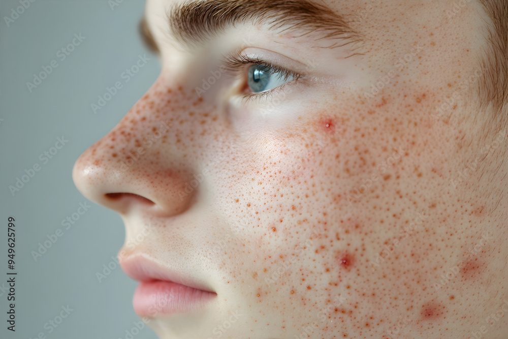 Man with pimples on the face. Close up skin texture. Macro acne skin ...