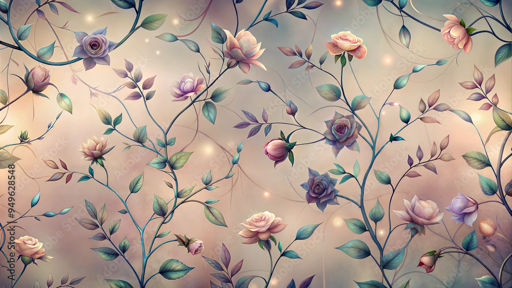 Delicate Pattern Of Intertwining Flower Vines With Small Roses And Leaves On Soft Pastel