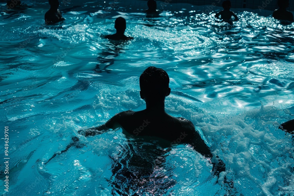 Diverse group of swimmers wading and splashing in the pool on a sunny ...