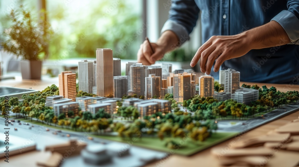 Architect Designing Modern Urban Development Model. Architect carefully ...