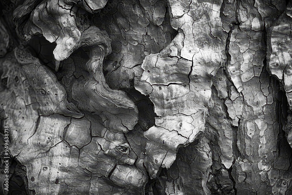 Detailed view of a textured sycamore tree trunk with a contrasting ...