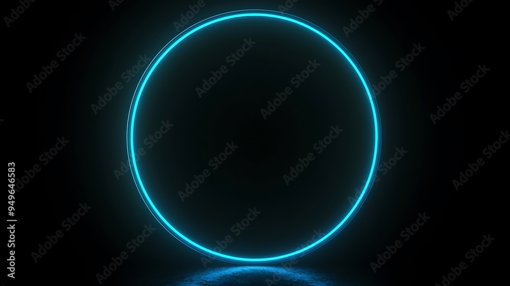 Sleek 3D neon blue circle frame with a bright, glowing outline on a ...