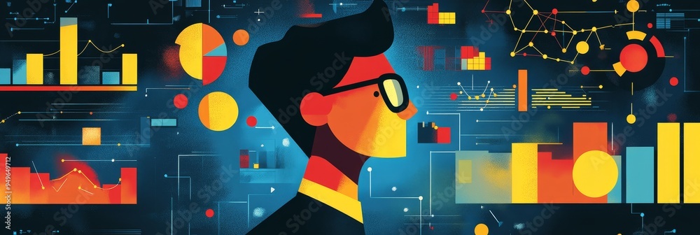 A data analyst is shown in a side profile looking at charts and graphs ...