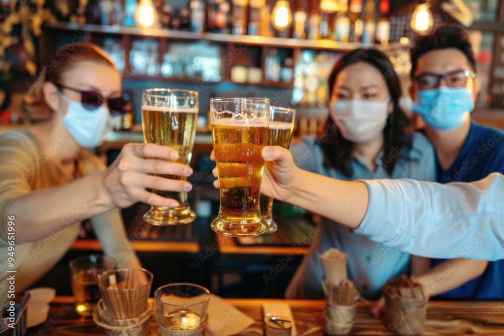 Foto de Close-up photo of people cheering with beer in bar with illness ...