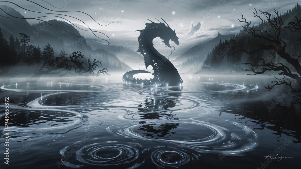 A mysterious creature with a long neck emerges from a misty lake ...