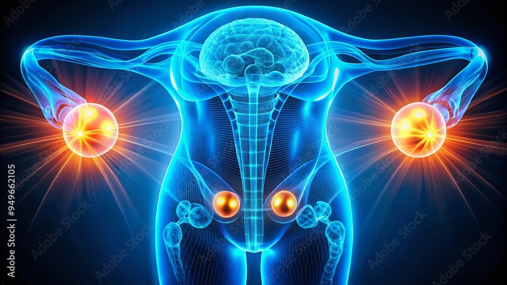 x-ray vision of ovarian cysts as glowing blue orbs in 3d illustration ...