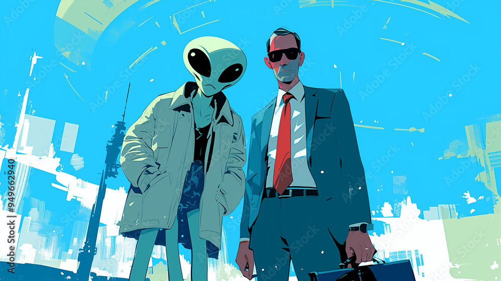 An office illustration with an alien and a businessman. The alien, with ...